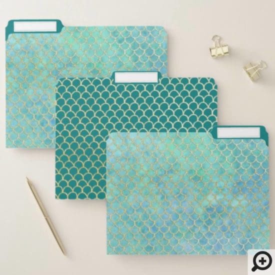 Aqua Blue & Gold Watercolor Mermaid Scale Pattern File Folder ...