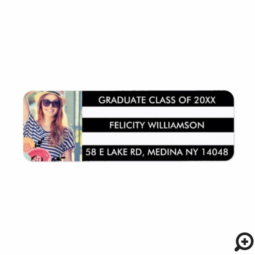 Black & White Striped & Floral Photo Graduation Label - Moodthology Papery