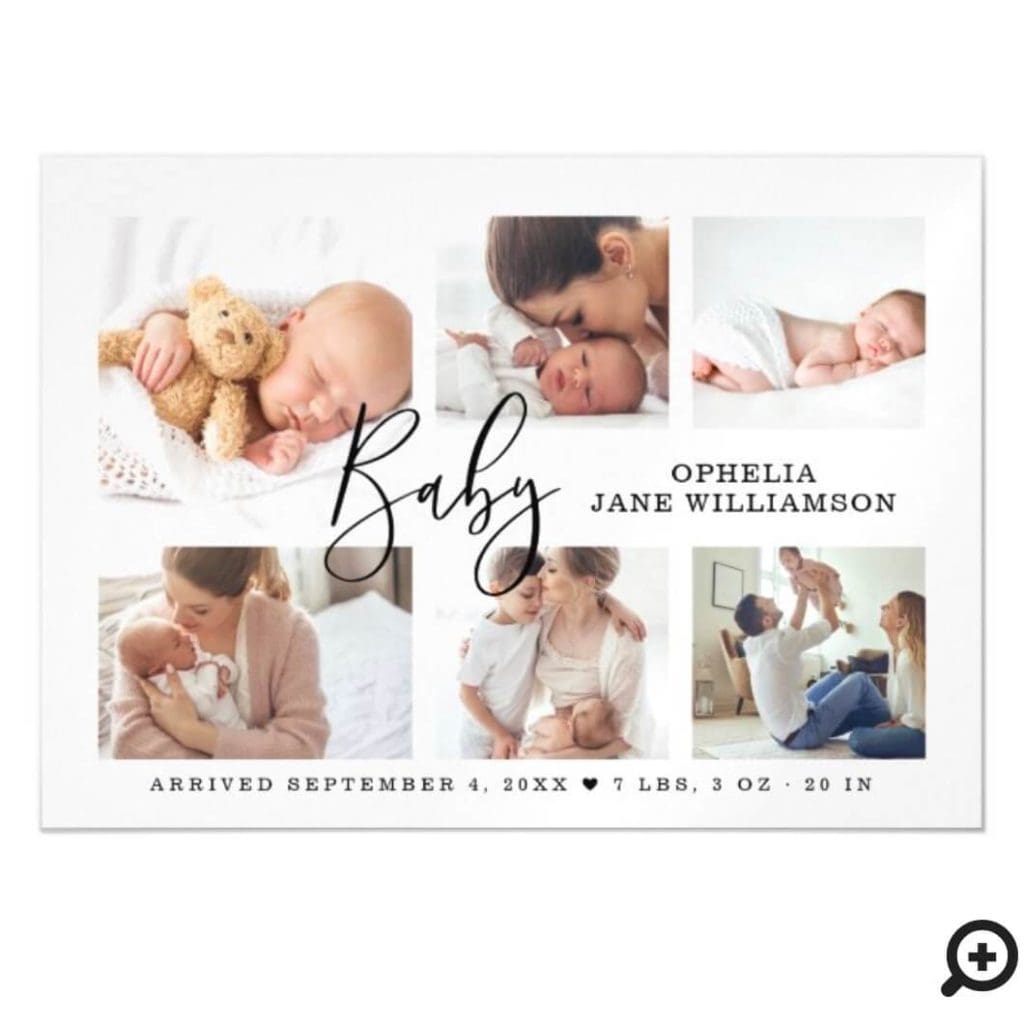 Simple Modern Baby Photo Collage Birth Stats Magnetic Invitation ...