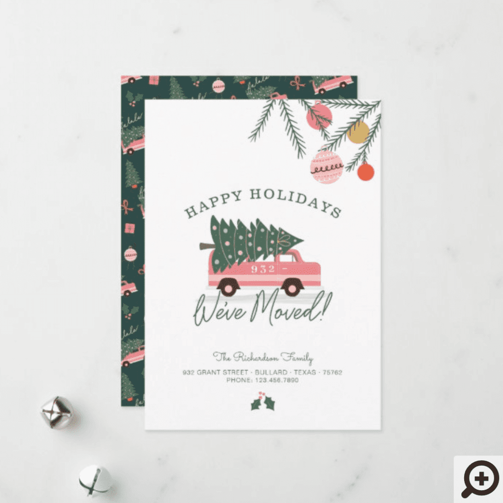 Happy Holidays We've Moved Pink Van Christmas Tree Holiday Card ...