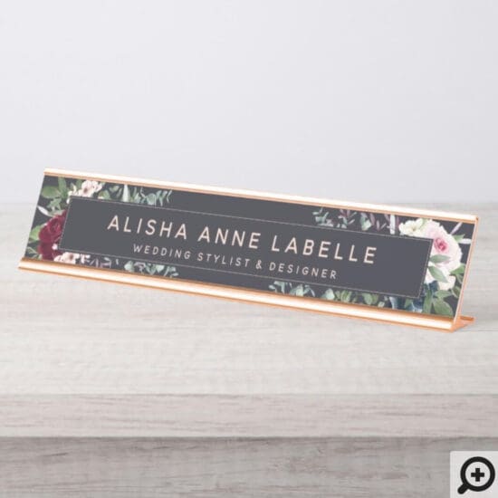 Floral Watercolor Blossoms Dark Navy Graphite Desk Name Plate ...