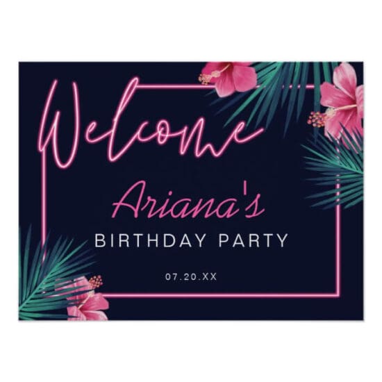 Electric Neon Pink Tropical Welcome Birthday Horizontal Poster ...