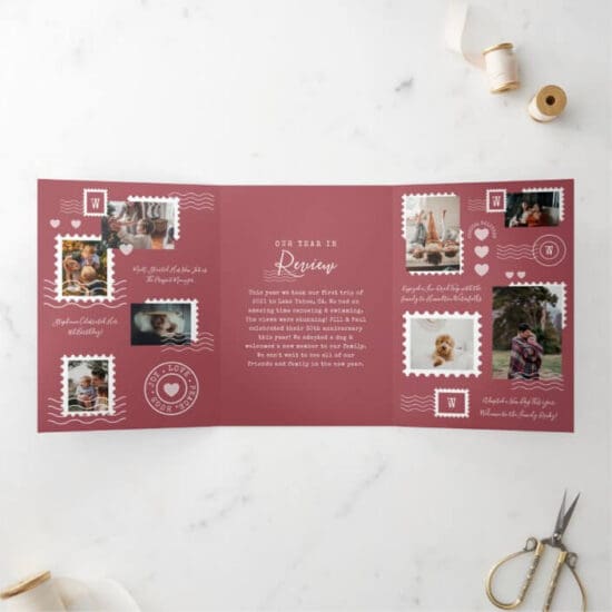 Year Review Family Photos Postage Stamp Collage Red Tri-Fold Invitation ...