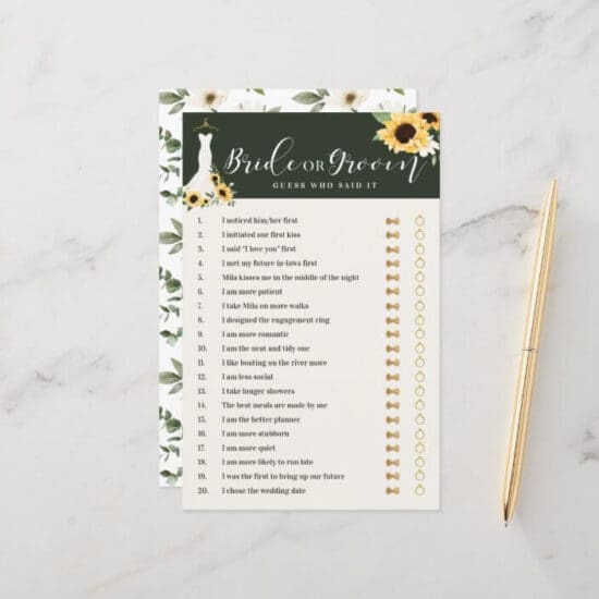 He Said She Said Sunflower Gown Bridal Shower Game - Moodthology Papery