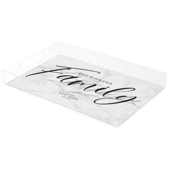 Elegant Family Script Faux White Marble Family Acrylic Tray ...