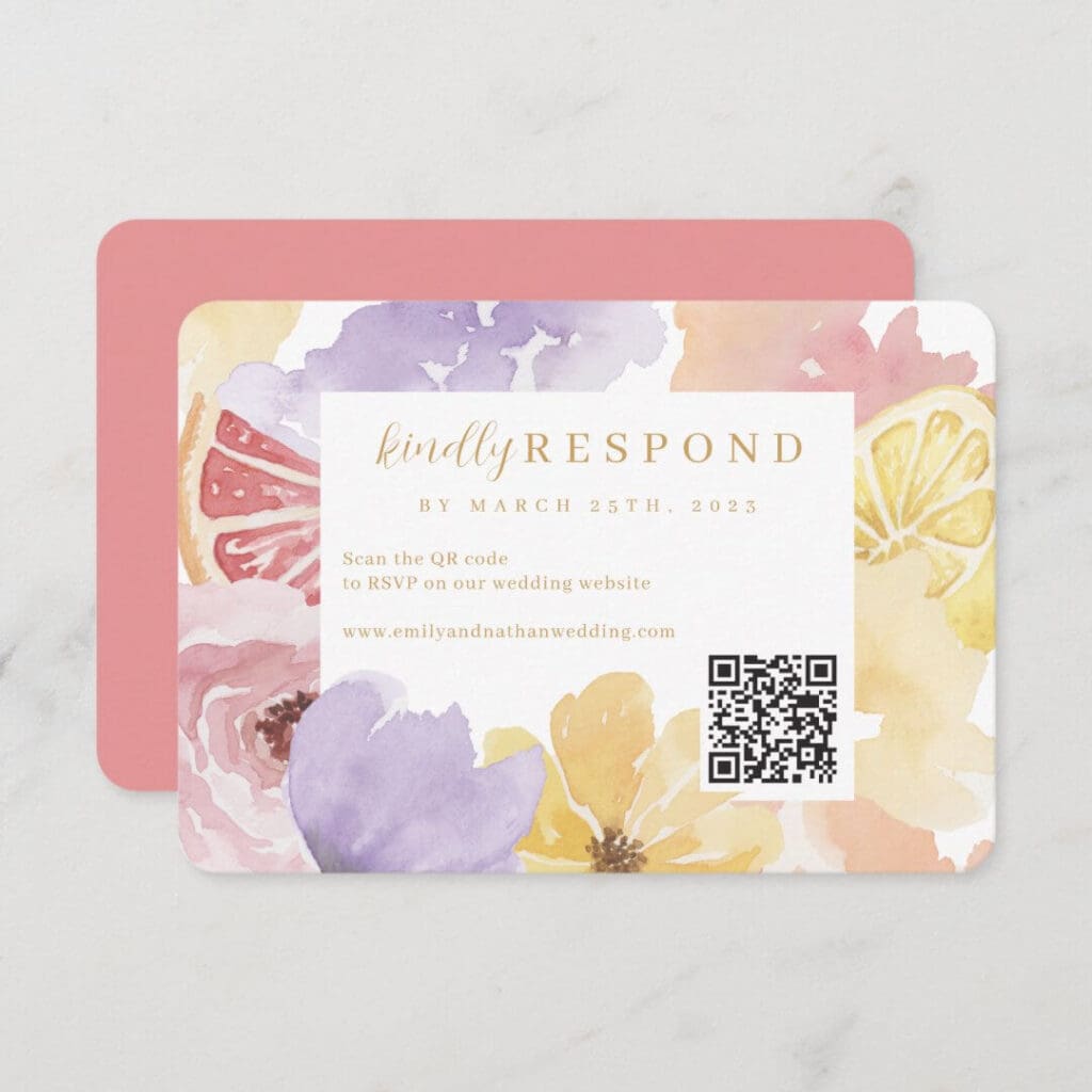 Abstract Watercolor Floral Cocktail Citrus QR Code RSVP Card ...