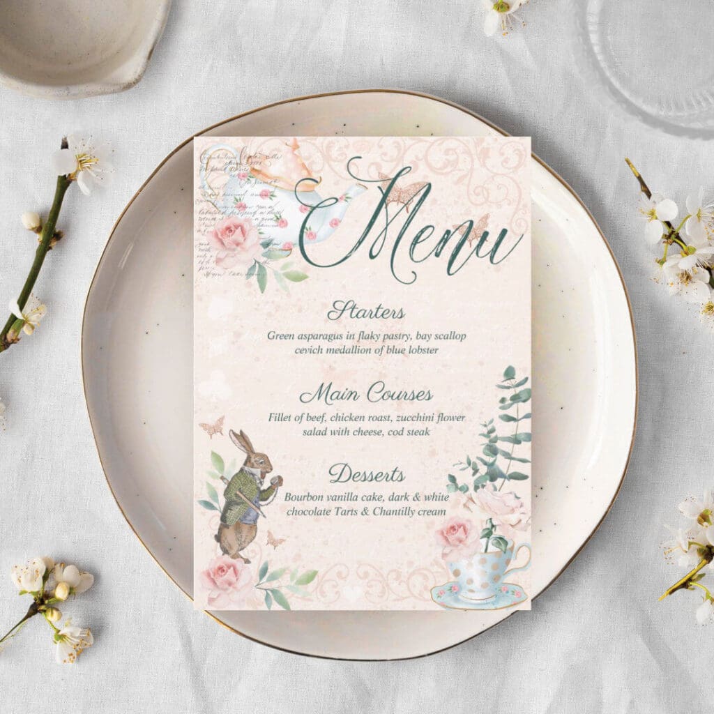 Bridal Shower Vintage Alice In Wonderland Menu - Moodthology Papery