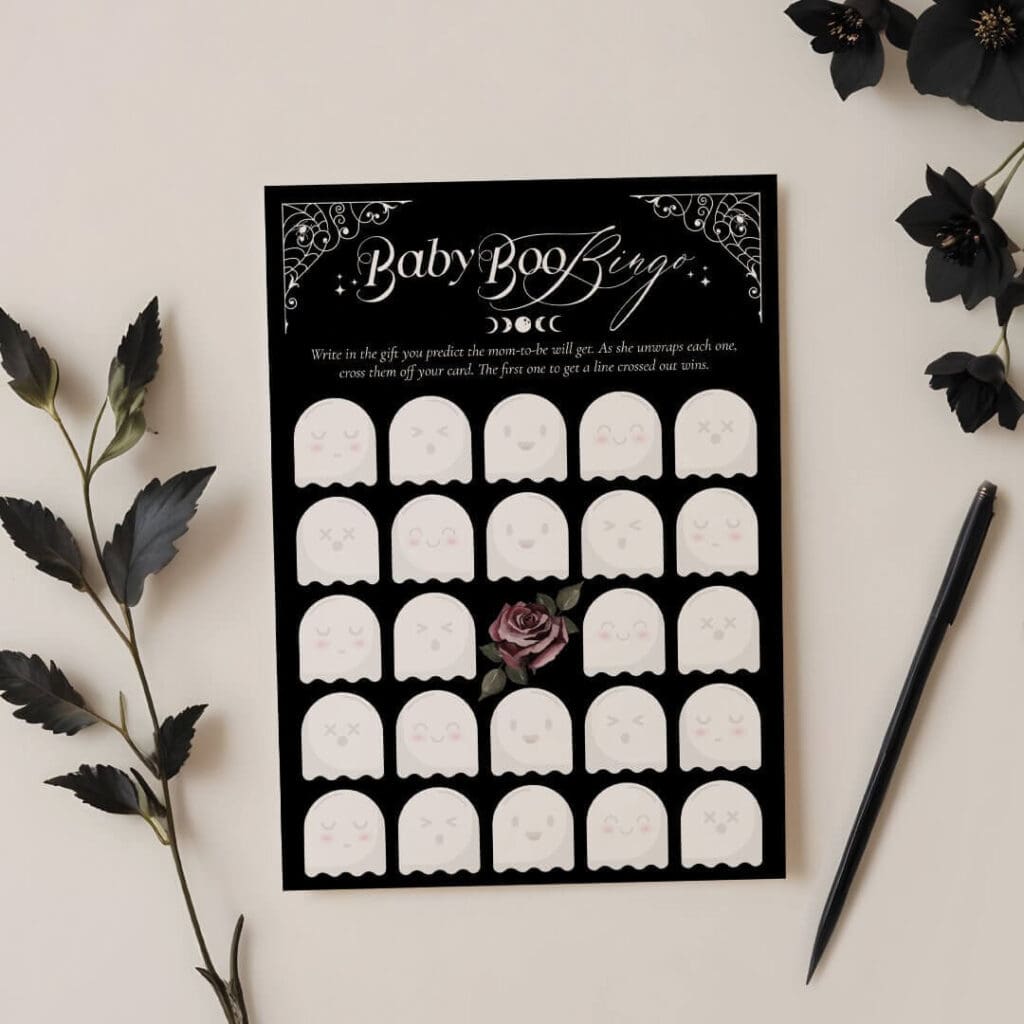 Gothic Halloween Baby Boo Bingo Shower Game Card - Moodthology Papery