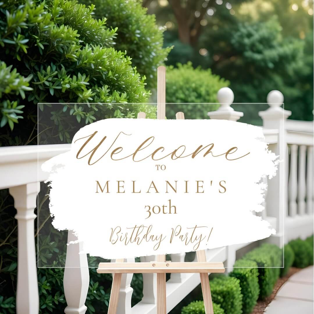 White Brush Stroke Modern Script Birthday Welcome Acrylic Sign ...