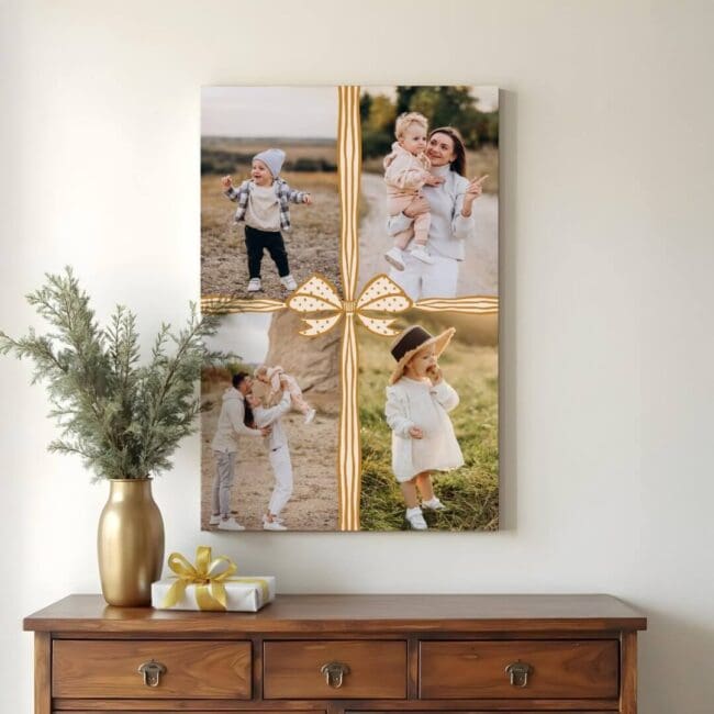 Elegant Golden Bow & Ribbon Present Family Photo Collage Poster ...