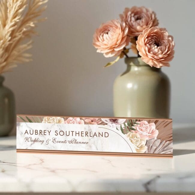 Floral Watercolor Blossoms Dark Navy Graphite Desk Name Plate ...
