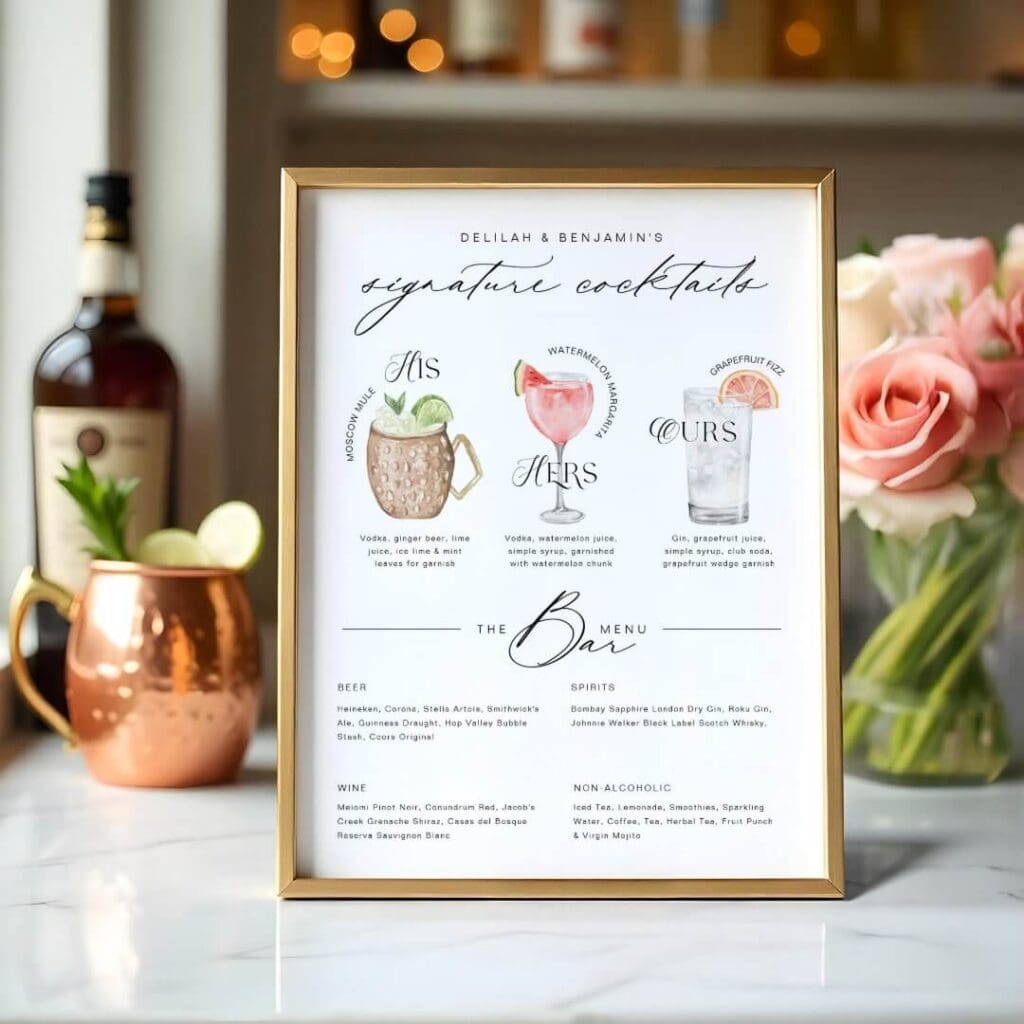 Watercolor signature cocktail wedding signs & Menu Ideas