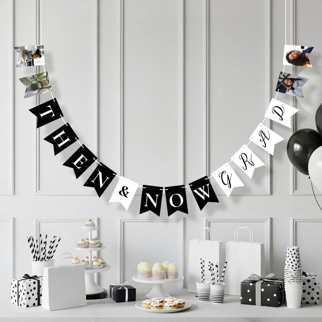 Fun Then & Now Grad Photo Collage Graduation Party Bunting Flags ...