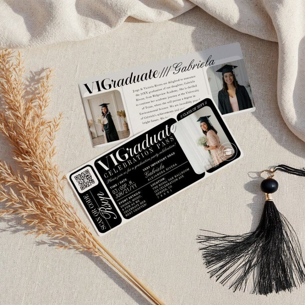Modern Photo Graduation Party Event Ticket QR Code Black Invitation ...