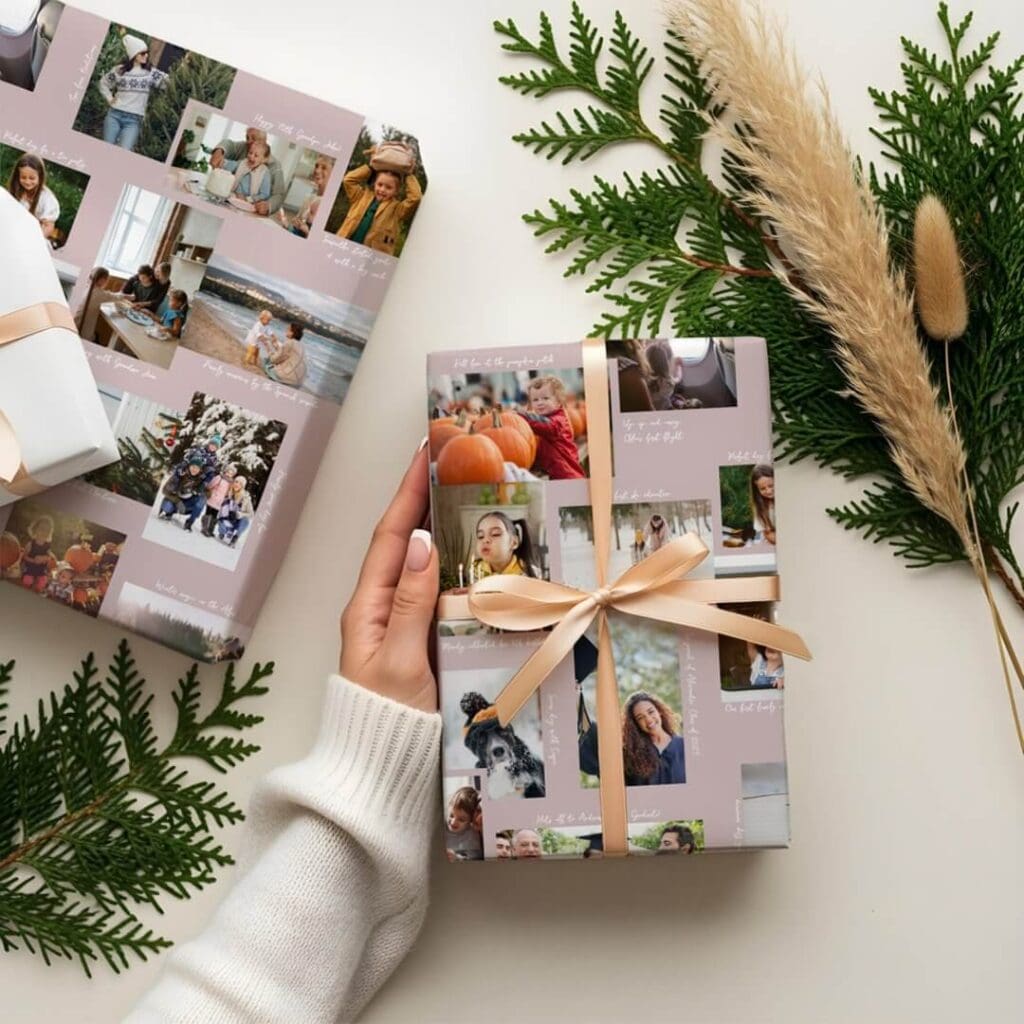 Year in Moments 25 Family Photo Collage & Captions Pink Wrapping Paper ...